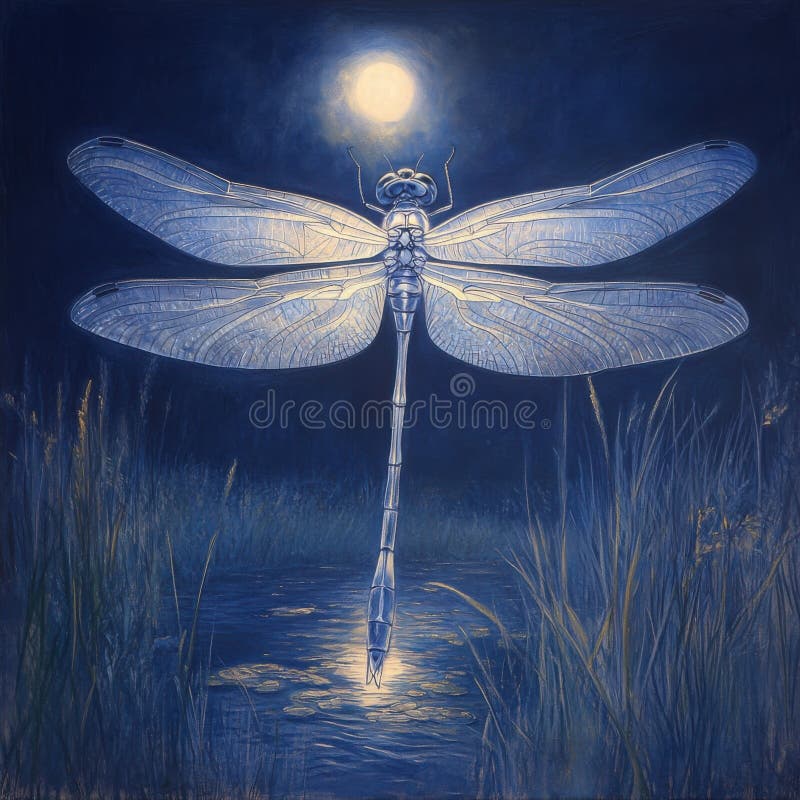 Ethereal Dragonfly Under Full Moon Light Over Tranquil Water Surface ...