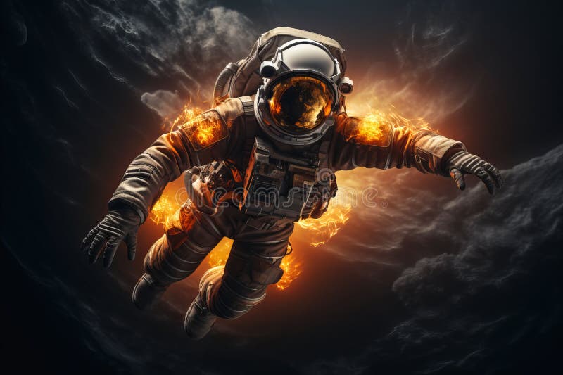 Astronaut Floating Amidst the Enigmatic Vastness of Outer Space. Fire ...