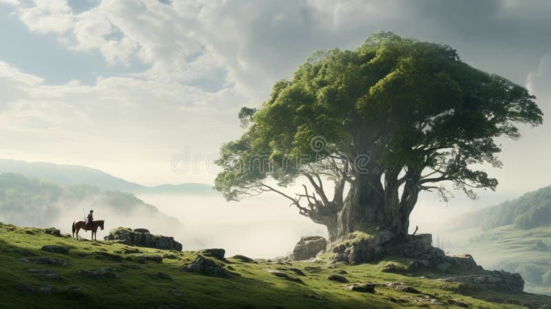 Ethereal Fantasy Scene: Giant Tree in Serene Meadow Stock Illustration ...