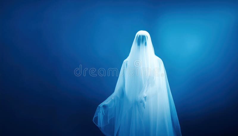 Ethereal Figure in White Veil Against Blue Background Stock ...