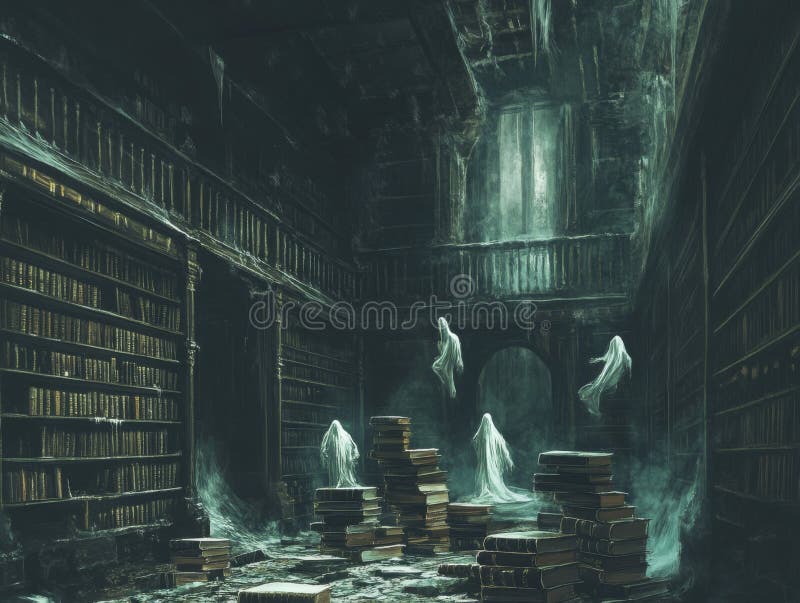 Ethereal Figures Amidst Stacks of Books in a Decaying Library Stock ...