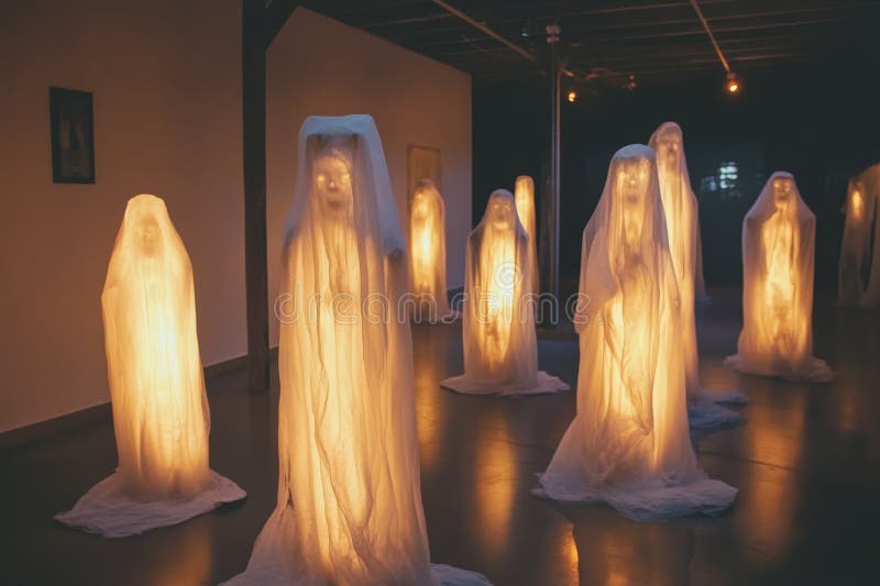 Ethereal Figures in a Dark Gallery Illuminated by Soft Light Stock ...