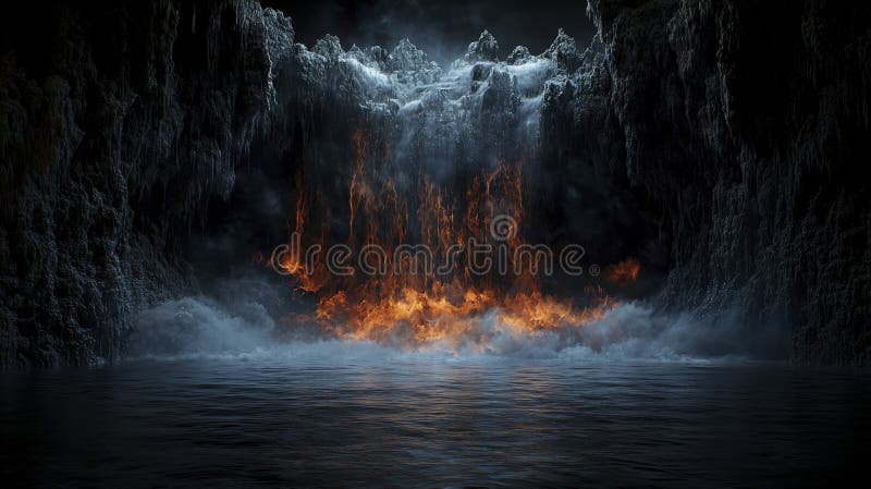 Ethereal Fire and Water Harmony Mysterious Cave Digital Art Dark ...