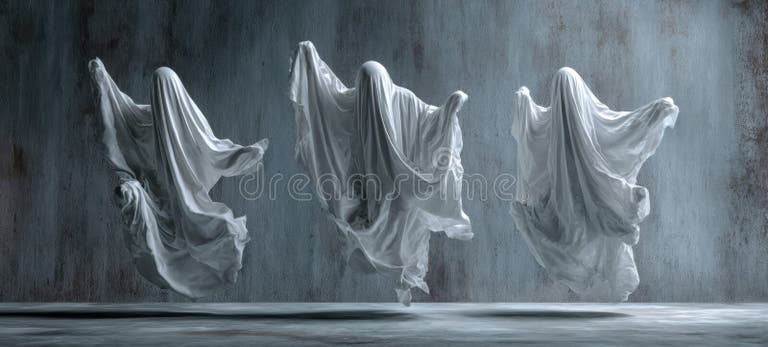 The Ethereal Floating Ghosts in Flowing White Fabrics Against a ...