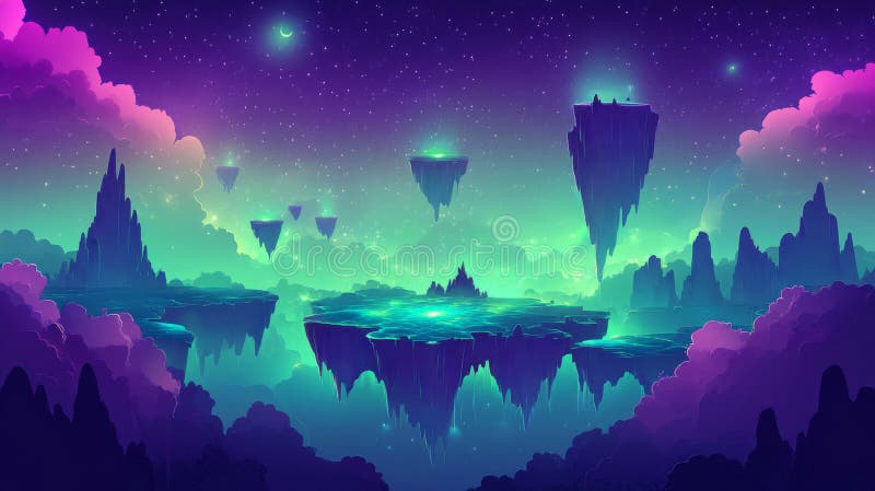 Ethereal Floating Islands Landscape: Purple and Blue Night Sky Stock ...