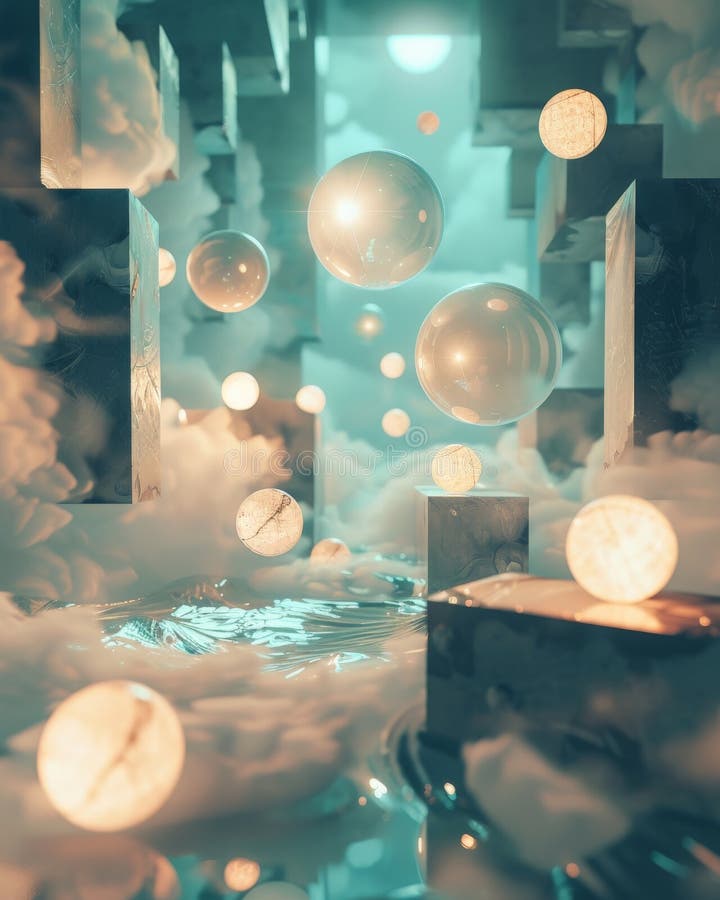 Ethereal Floating Spheres in Surreal Cloudscape with Glowing Orbs Stock ...