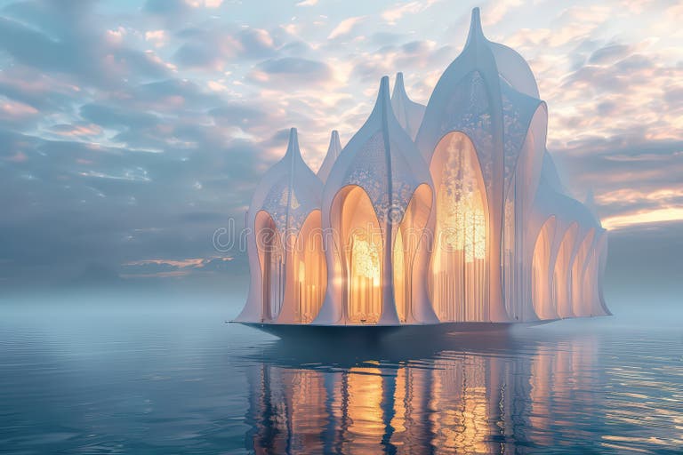 Ethereal Floating Structure with Illuminated Features at Twilight Stock ...