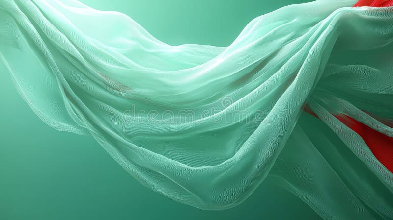 Ethereal Flowing Fabric with Soft Green and Red Tones Over a Light Mint ...