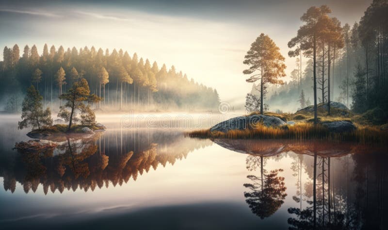 Ethereal Forest Lake Panorama for Dreamy Backgrounds. Stock ...