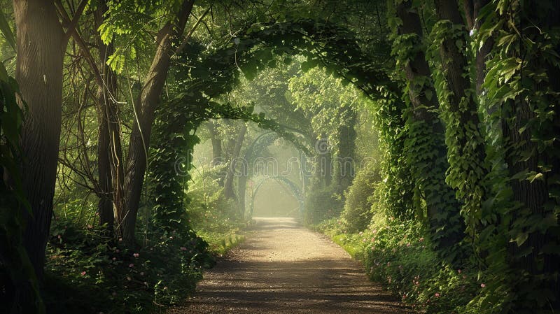 Ethereal Forest Pathway Under a Vine Draped Arch. Generative Ai Stock ...