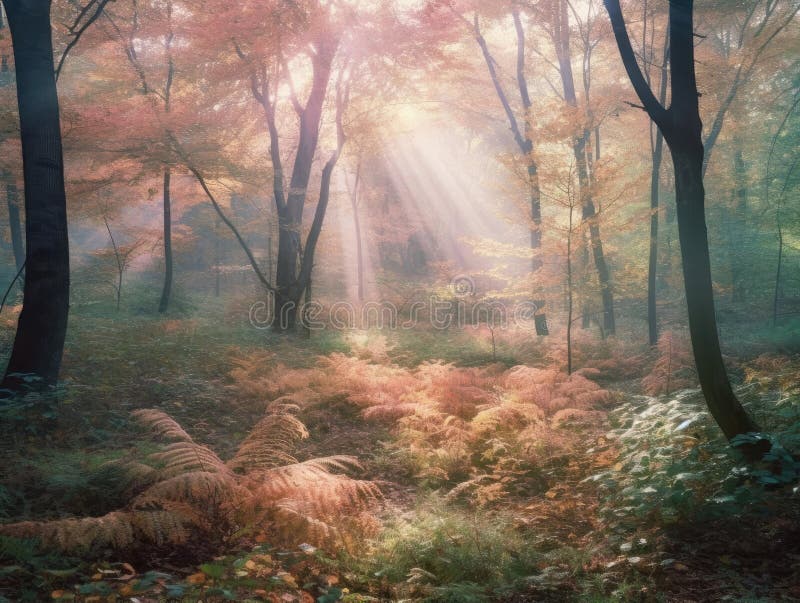 Dreamy Forest Scene with Soft Light and Colors Stock Illustration ...