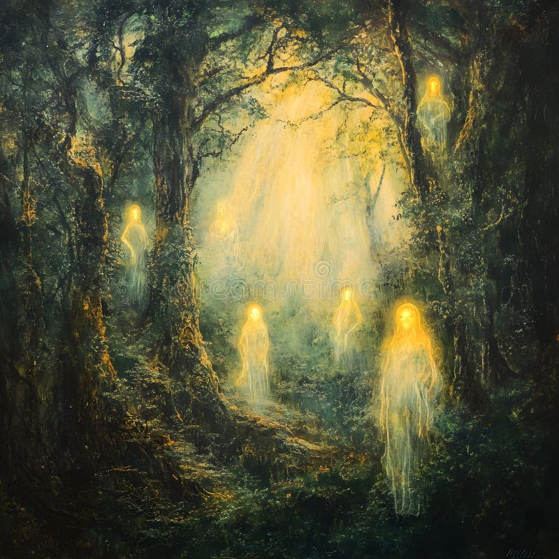 Ethereal Forest Spirits at Dusk Oil Painting Stock Illustration ...