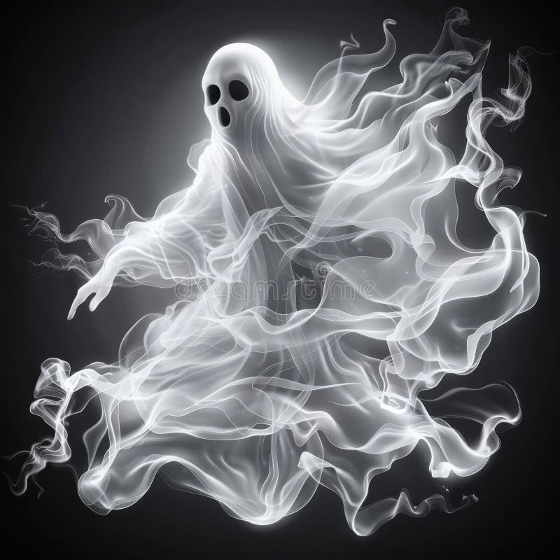 Ethereal Ghost Figure Floating with Wispy Trails in Dark Background ...