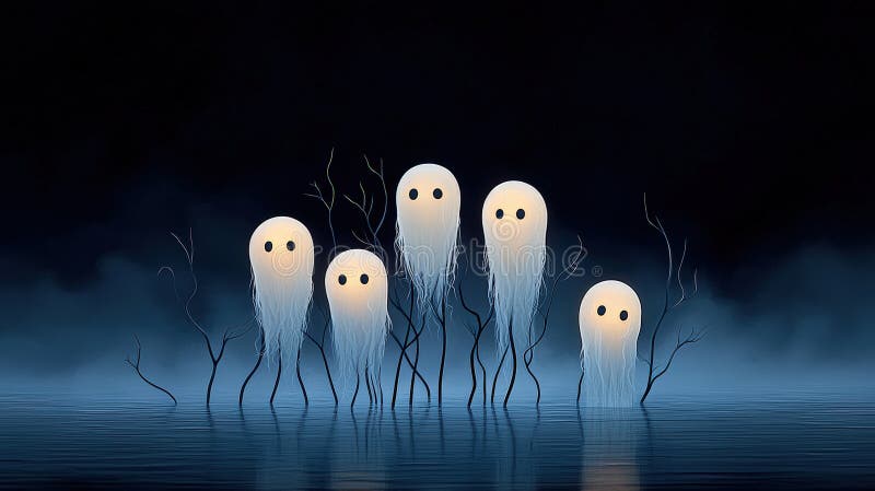 Ethereal Ghosts with Glowing Eyes Floating in Misty Water Stock ...
