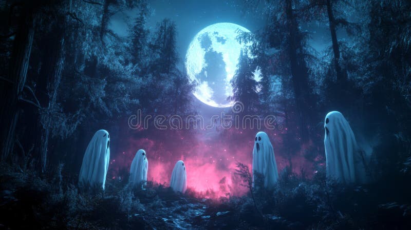 Ethereal Ghosts in a Moonlight Forest Stock Illustration - Illustration ...