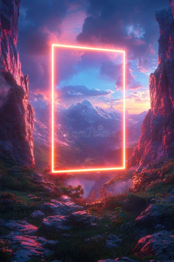 Ethereal Glowing Frame in Vibrant Mountain and Cloudscape Scenery Stock ...