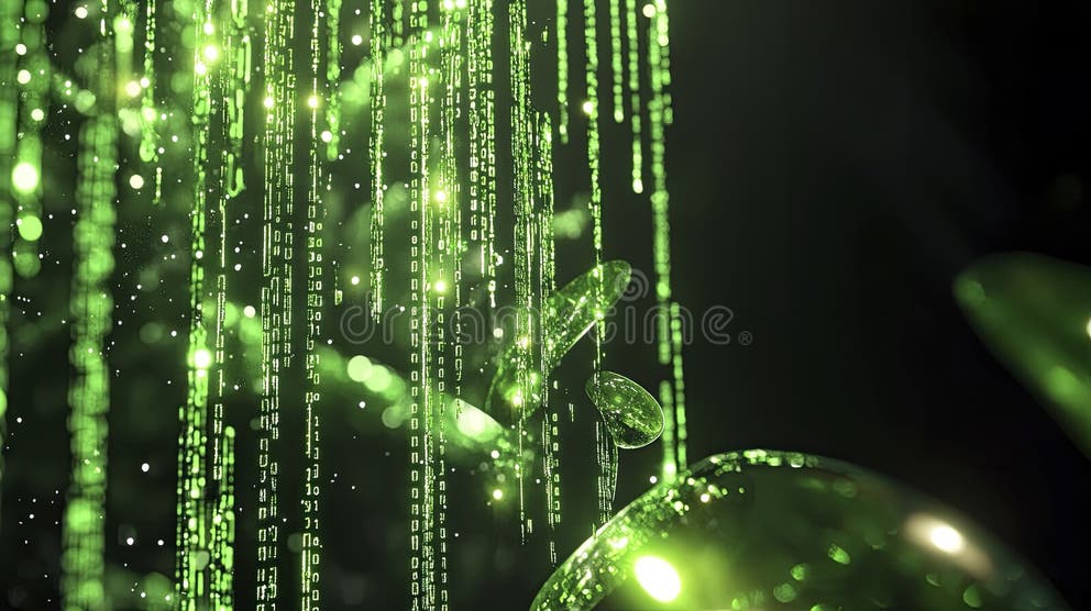 Ethereal Green Binary Code Cascade: Abstract Digital Rain with Glowing Particles Stock ...
