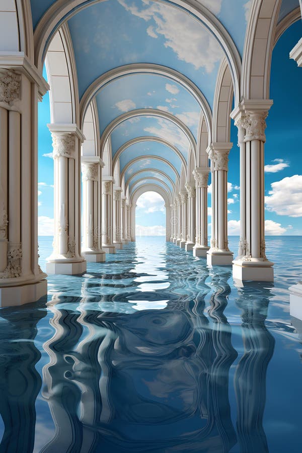 Ethereal Hall with Old Columns Flooded with Clear Blue Water Stock ...