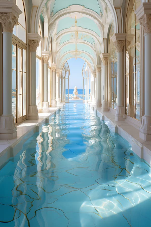 Ethereal Hall with Old Columns Flooded with Clear Blue Water Stock ...