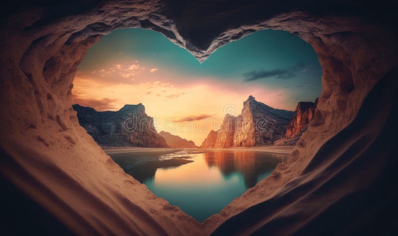Ethereal Heart-Shaped Cave on River and Mountains at Sunset for Dreamy ...