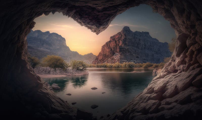 Ethereal Heart-Shaped Cave on River and Mountains at Sunset for Dreamy ...