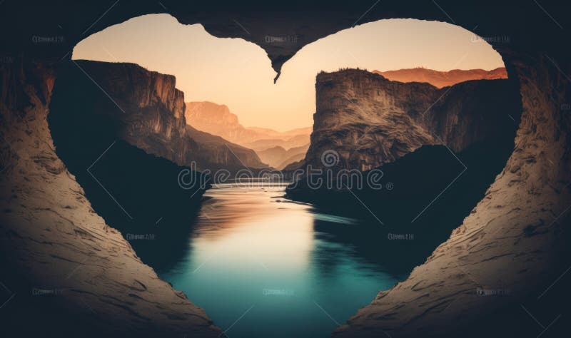 Ethereal Heart-Shaped Cave on River and Mountains at Sunset for ...