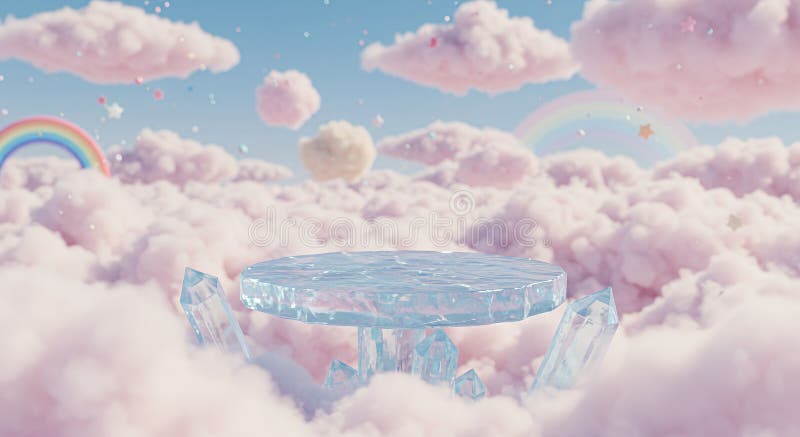 Ethereal Ice Crystal Podium on Pastel Cloudscape: 3D Render Stock ...