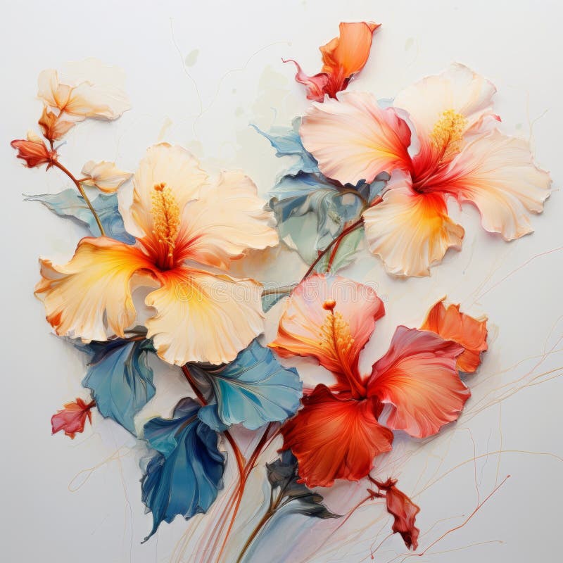 Ethereal Illustrations of Hibiscus Branch in Neo-plasticism Style Stock ...