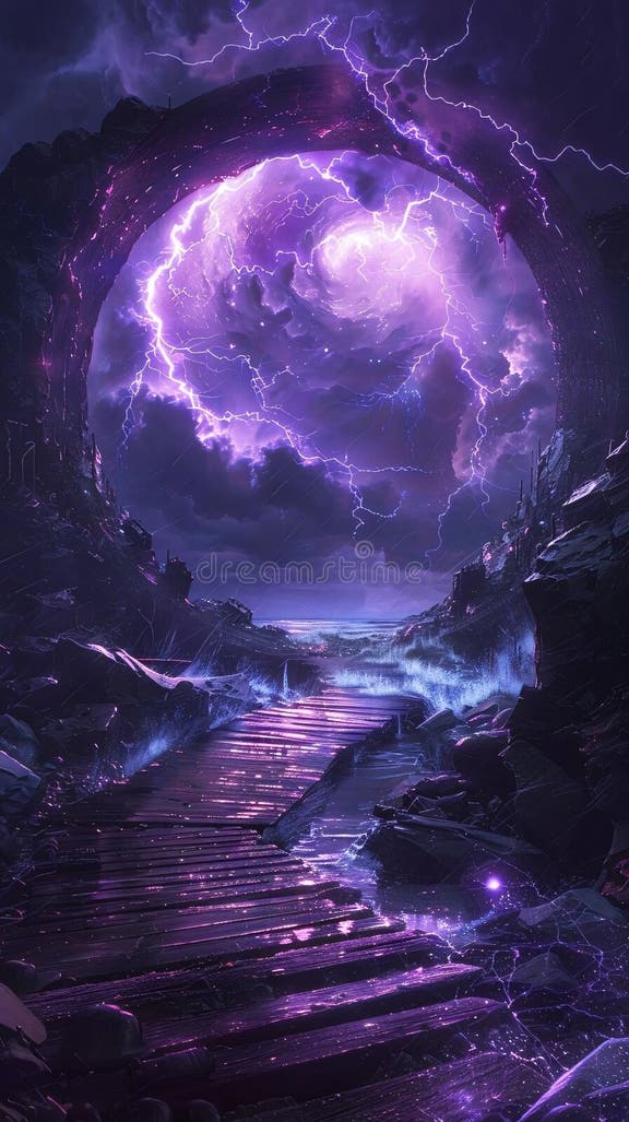 Ethereal Interdimensional Bridge Illuminated by Lightning in the Midst ...