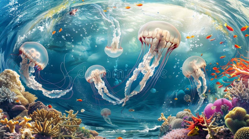 Ethereal Jellyfish Dance in a Mesmerizing Underwater Vortex Stock Photo ...