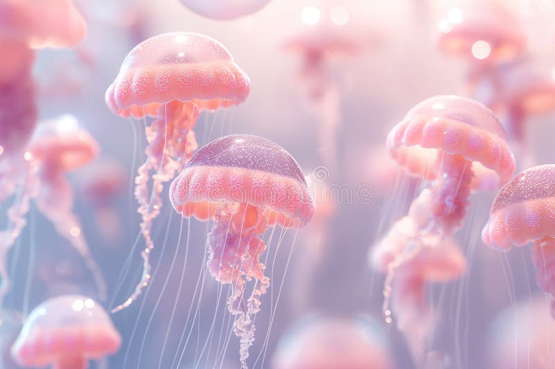 Ethereal Jellyfish Float in a Soft, Pink Glow, Creating a Serene and ...