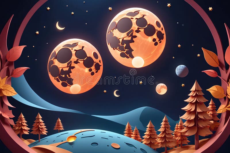 Ethereal Landscape with Dual Moons Surrounded by Stylized Trees and ...