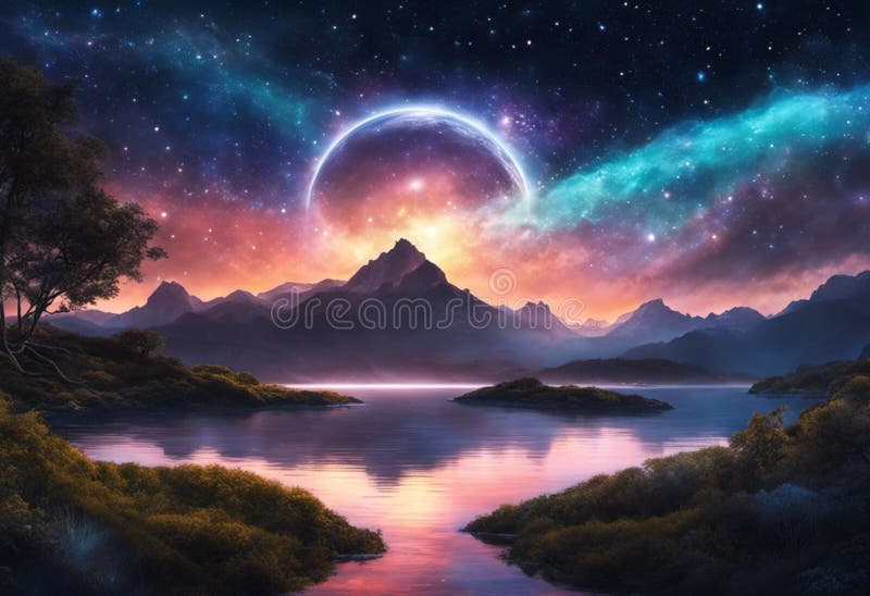 Ethereal Landscape Featuring Celestial Bodies, Mountain Peaks, and Lush ...