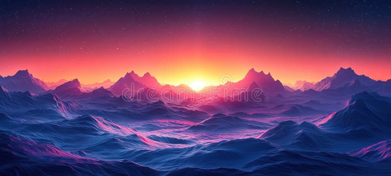 Ethereal Landscape with Soft Neon Colors, Mountains, and Sunset Glow ...