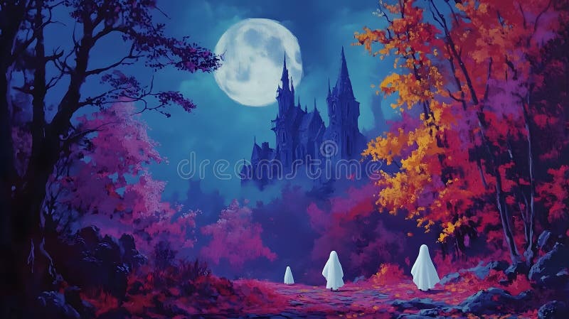 Mystical Forest Path with Ghosts and a Distant Castle Under a Full Moon ...