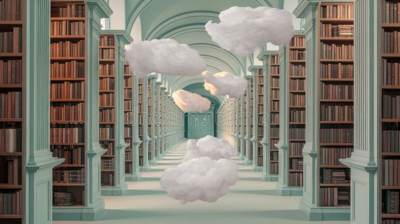Ethereal Library Corridor with Floating Clouds, Creating a Whimsical ...
