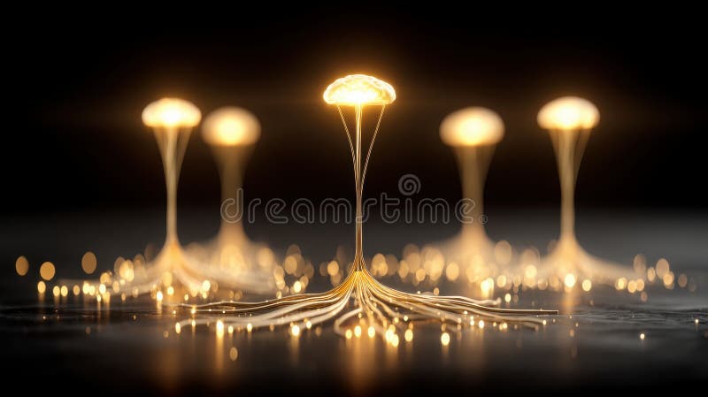 Ethereal Light Streams Rising from Ground with Sparkling Glow on Dark ...