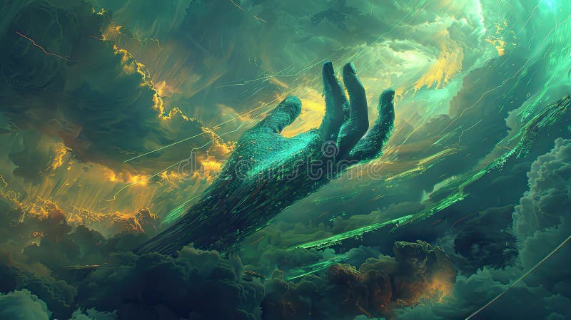 Ethereal Low-Poly 3D Giant Hand Holding Rock Platform in Aurora Glow ...