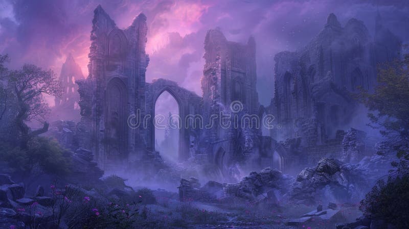 An Ethereal Mist Enveloping the Ruins Illuminated by a Faint but ...