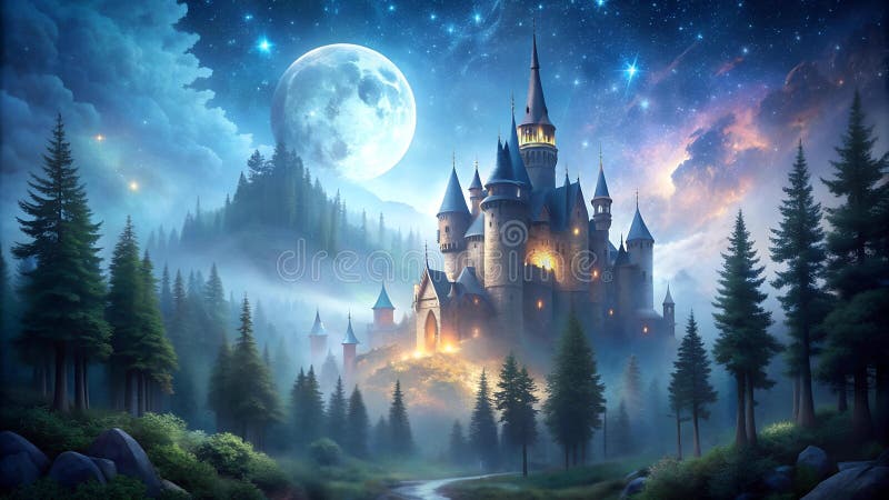 Ethereal Moonlight Castle in a Whispering Forest AI Generated Stock ...