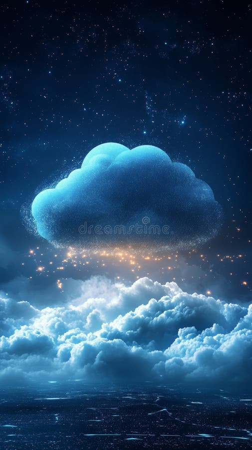 Ethereal Night Sky with Illuminated Floating Cloud and Starry Backdrop Stock Illustration ...