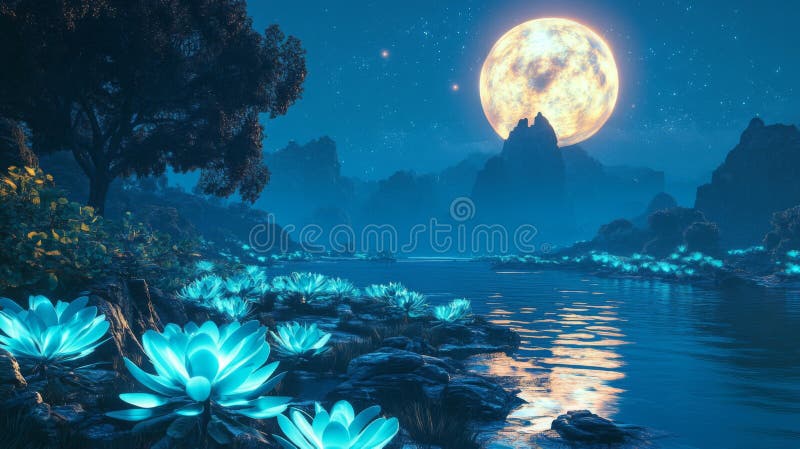 Ethereal Nightscape with Glowing Blue Flowers and a Full Moon Stock ...