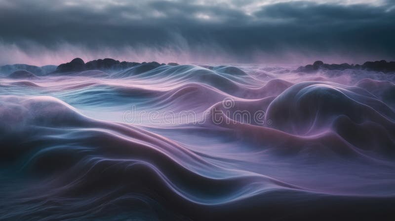 Ethereal Ocean Waves Shimmer in Hues of Blue and Pink Under a Dramatic ...