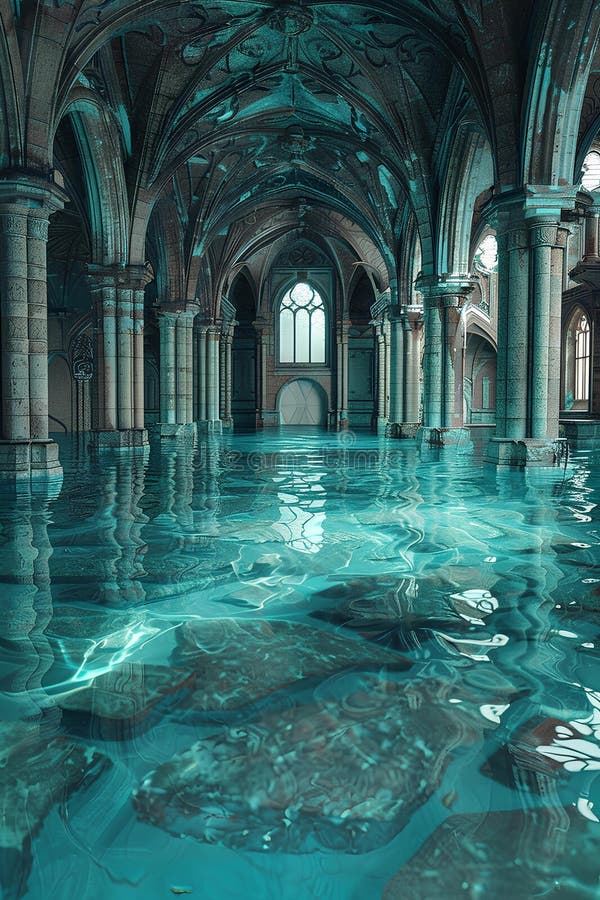 Ethereal Old Abandoned Hall with Columns Flooded with Water Stock ...