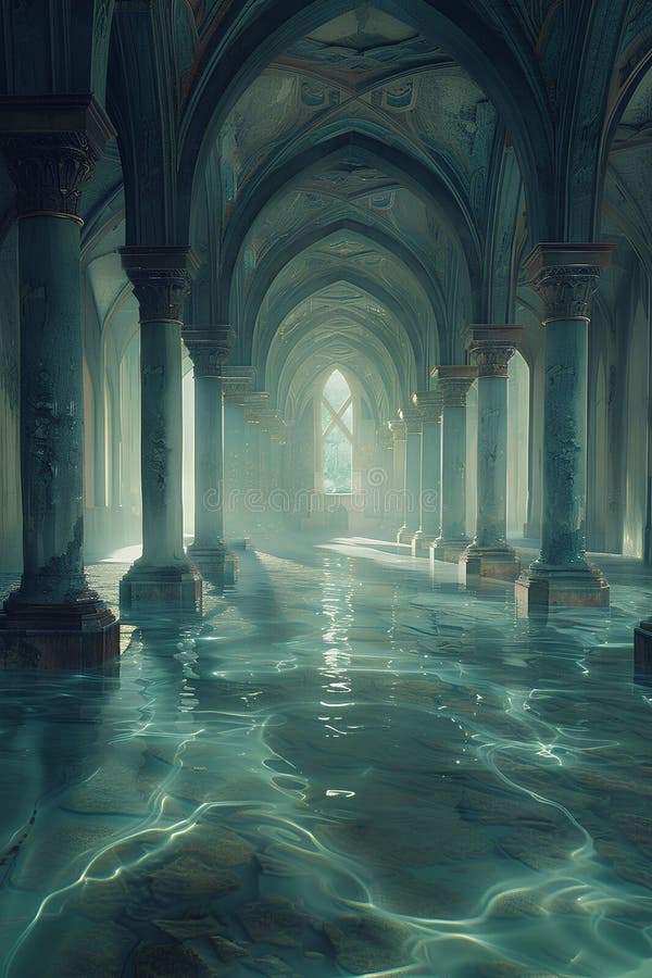 Ethereal Old Abandoned Hall with Columns Flooded with Water Stock ...