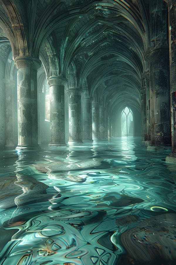 Ethereal Old Abandoned Hall with Columns Flooded with Water Stock ...