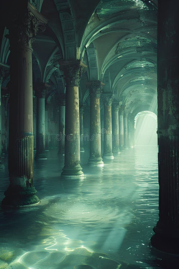 Ethereal Old Abandoned Hall with Columns Flooded with Water Stock ...