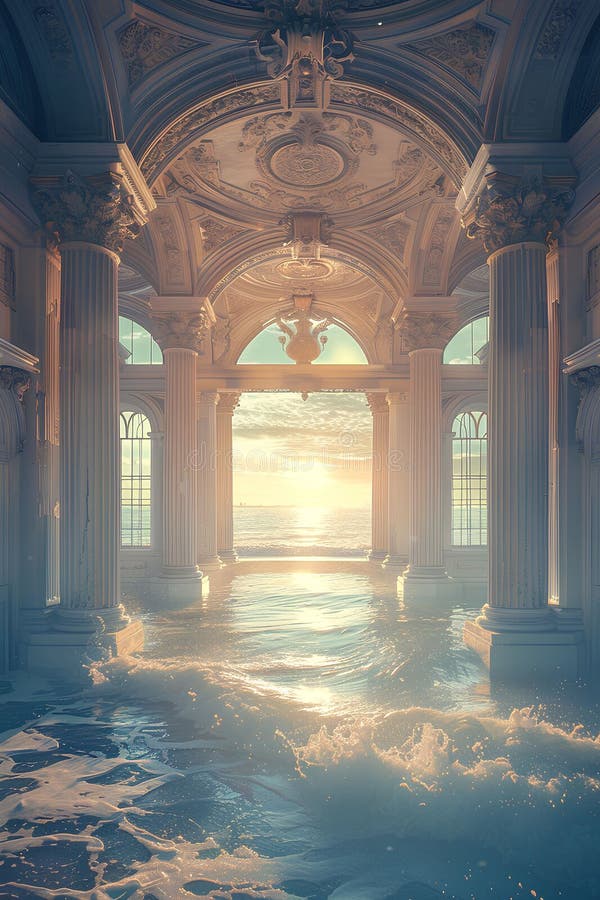 Ethereal Old Abandoned Hall with Columns Flooded with Water Stock ...
