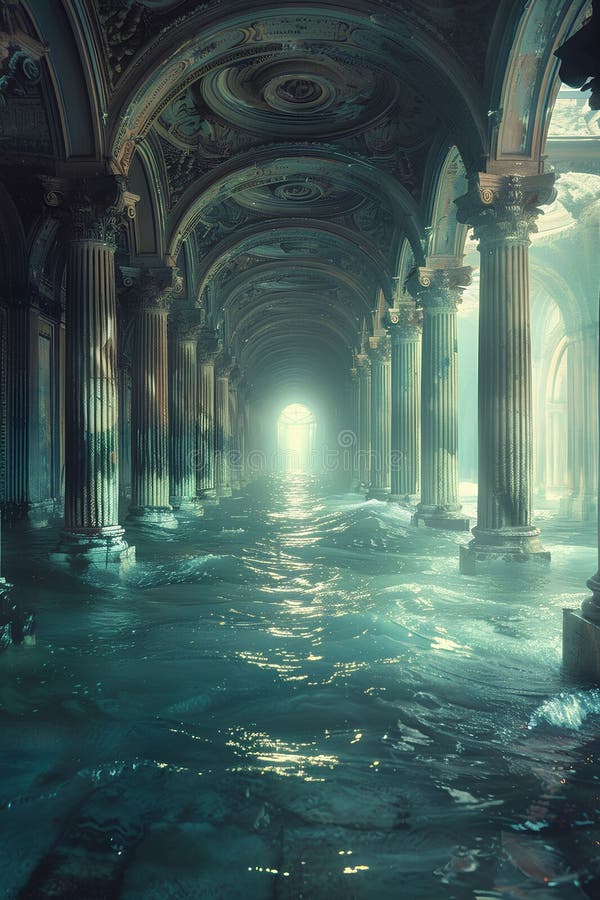 Ethereal Old Abandoned Hall with Columns Flooded with Water Stock ...