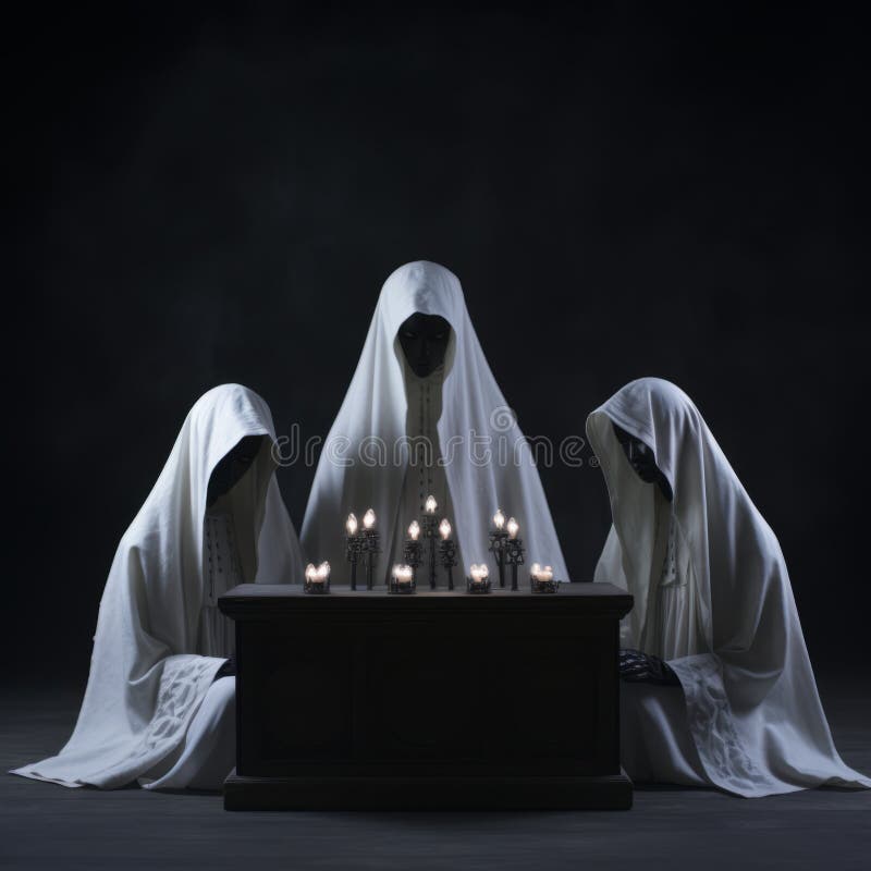 Ethereal Portraiture: Three Cloaked Ghosts in a Seance Stock ...